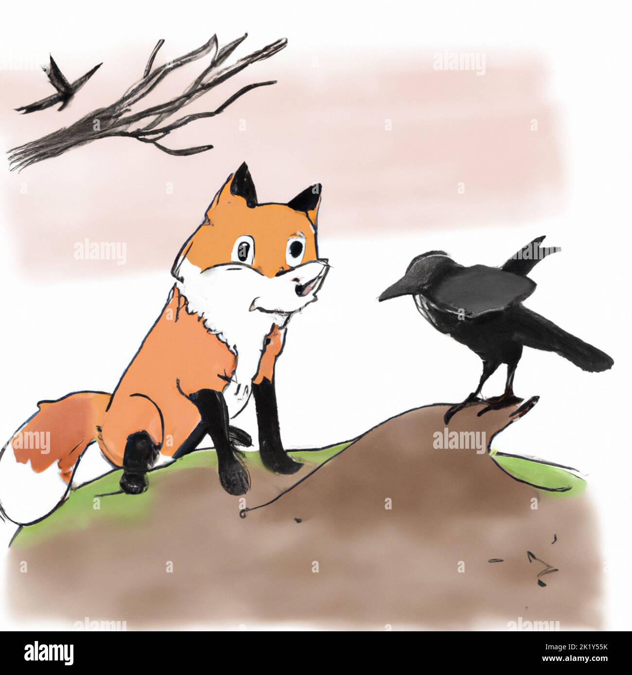 fox and black raven crow illustration artwork Stock Photo - Alamy