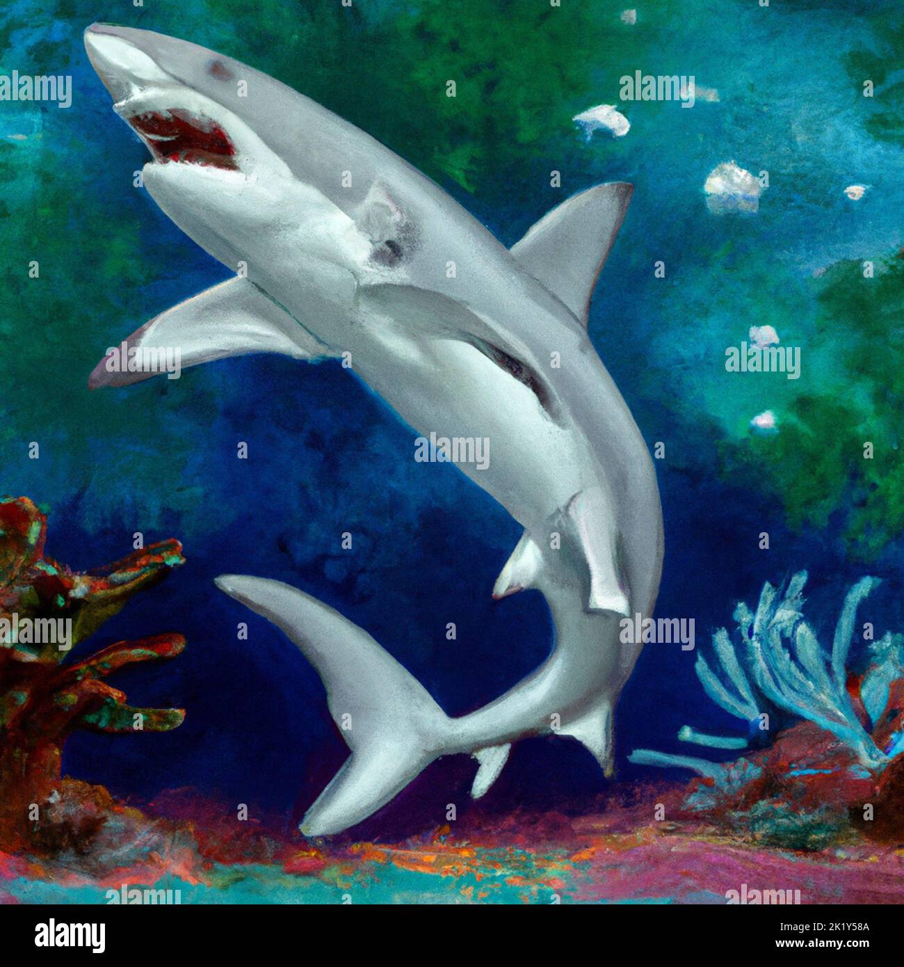 coral reef realm painting shark illustration drawing artwork sketch ...