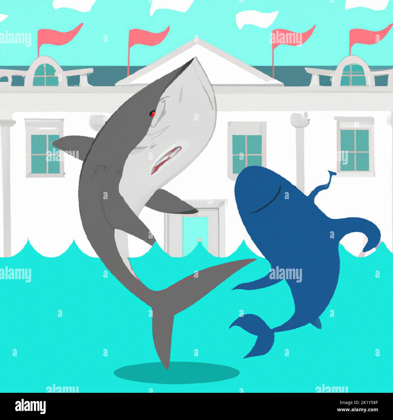 shark and a whale dancing in front of white house illustration drawing ...