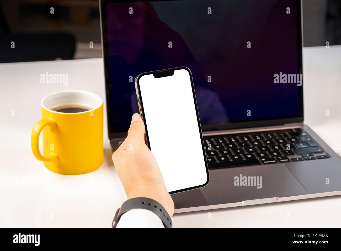 Video call mock up, close up woman hand holding vertical smartphone ...