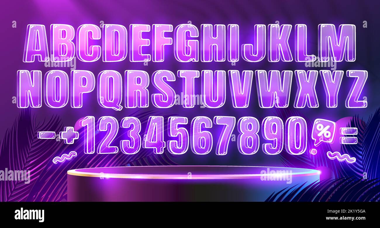 Neon font color purple, glowing letter retro font, futuristic alphabet ...