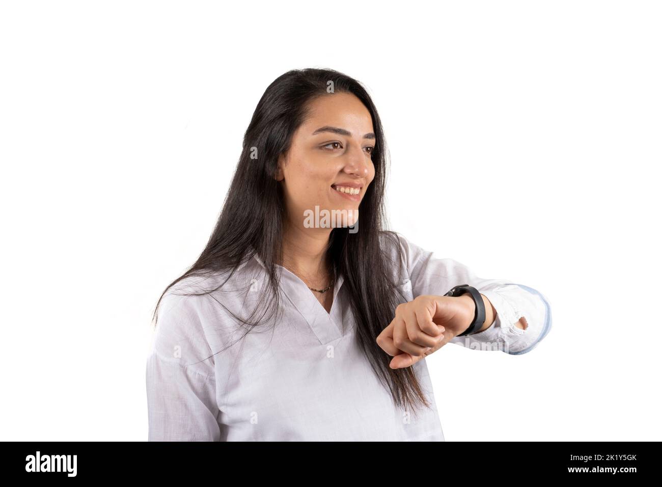 Speaking on smartwatch, portrait of entrepreneur woman speaking on ...