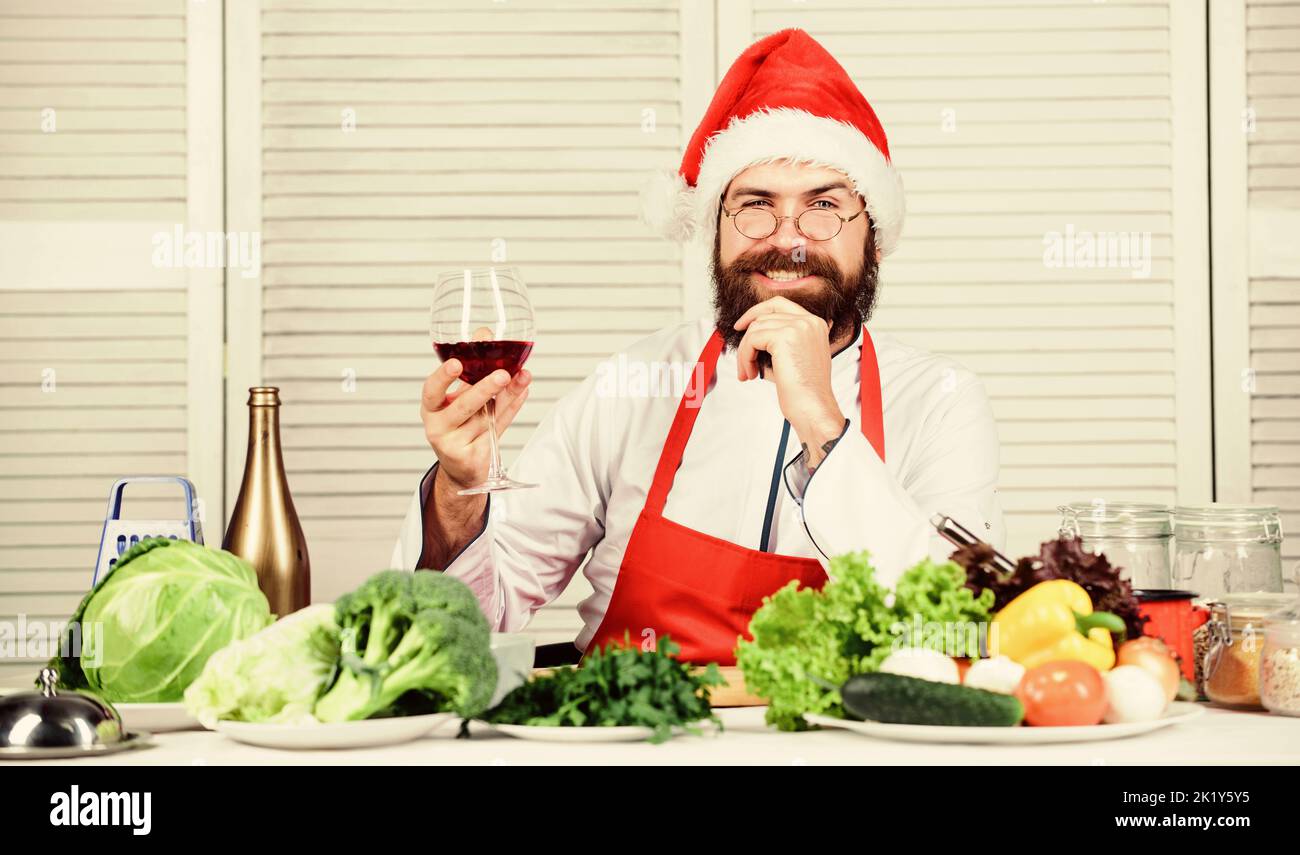 To merry xmas. Chef man in hat. Secret taste recipe. Bearded man cook ...