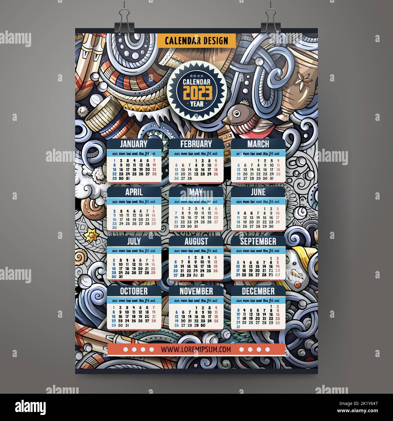 Cartoon doodles Winter 2023 year calendar template Stock Vector Image ...