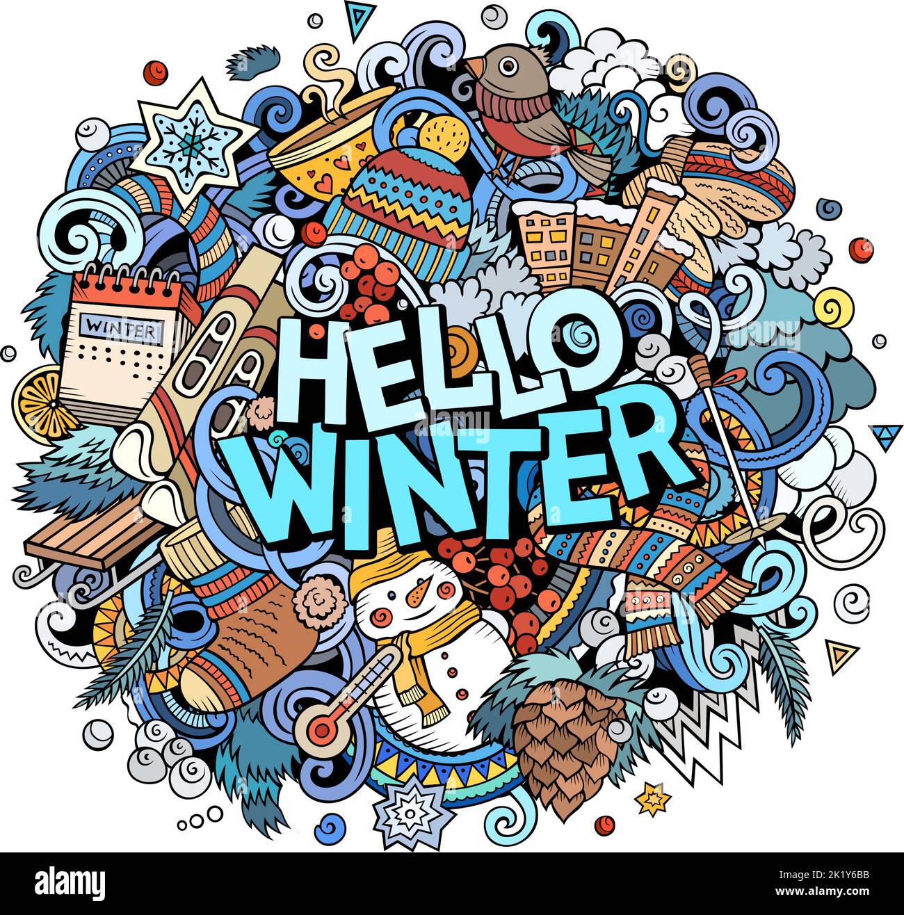 Hello Winter hand drawn doodles colorful vector illustration Stock ...