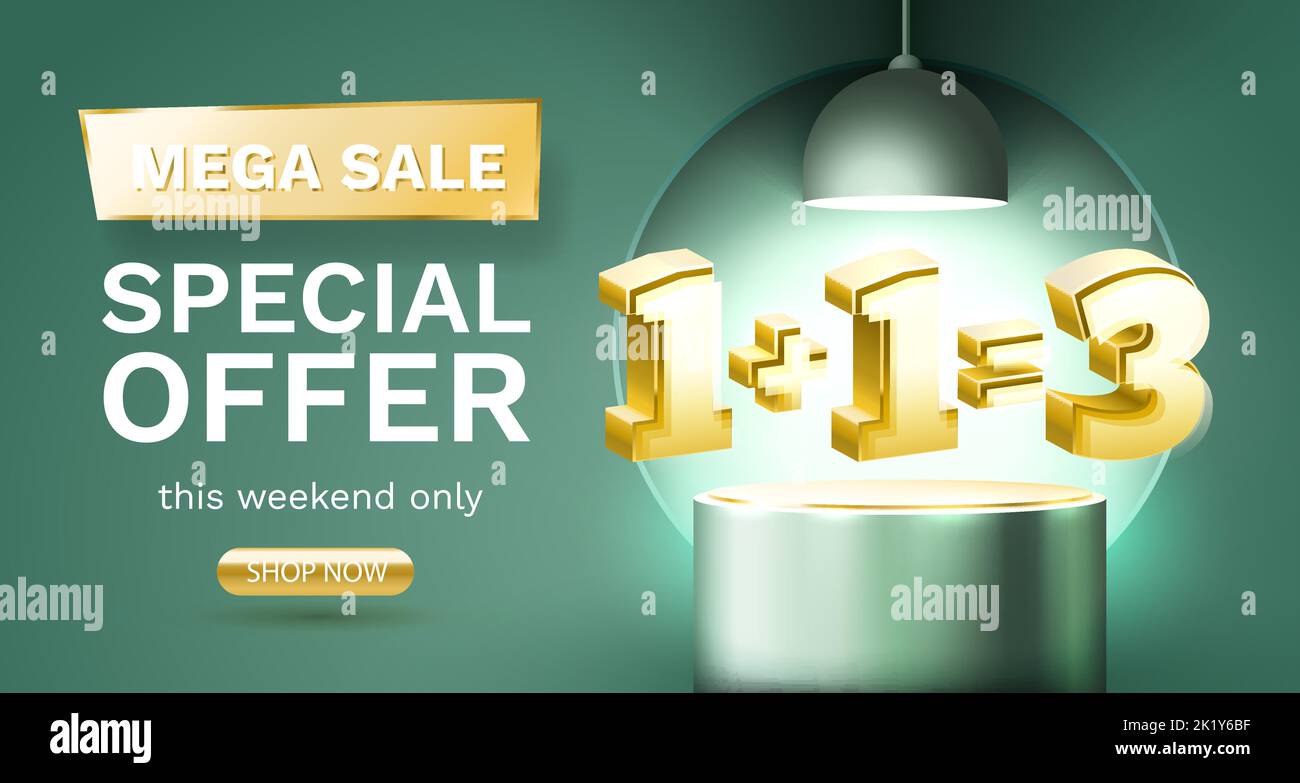 Special offer One plus one equals three, sale off poster. Vector ...