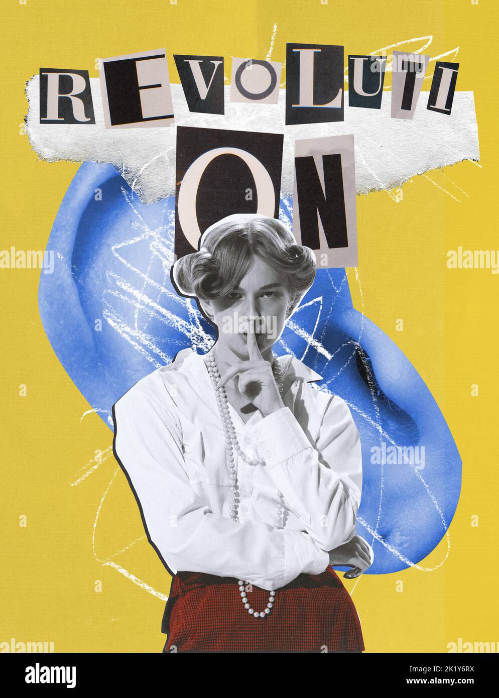 Contemporary art collage. Young girl covering mouth with her finger ...