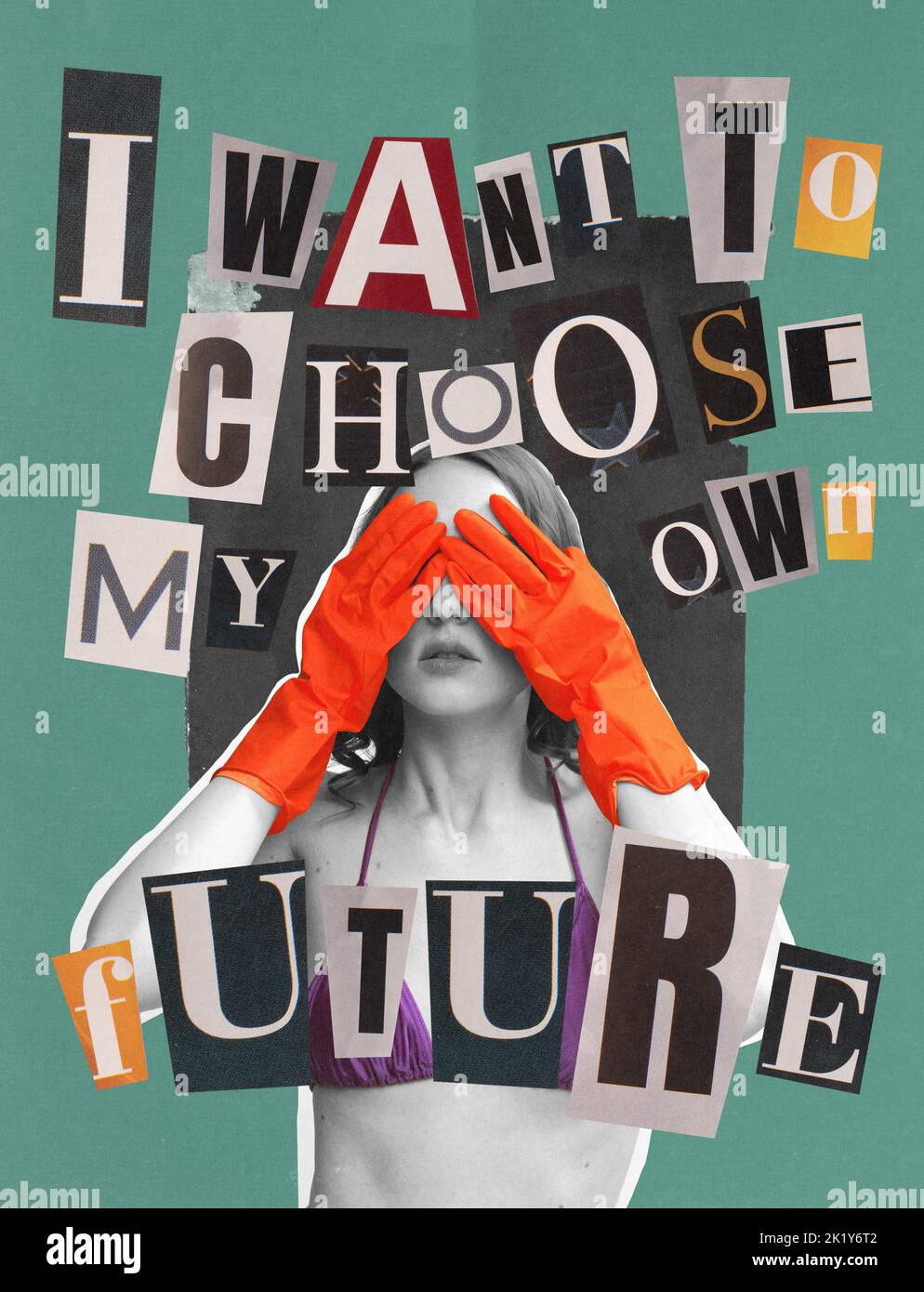 Contemporary art collage. Young girl covering eyes with hands. Making ...