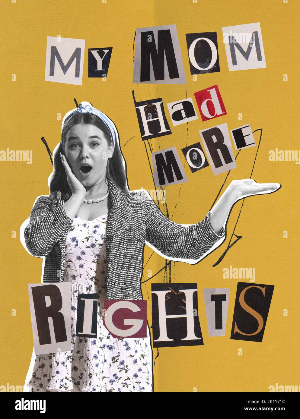 Contemporary art collage. Young beautiful woman talking about women's ...