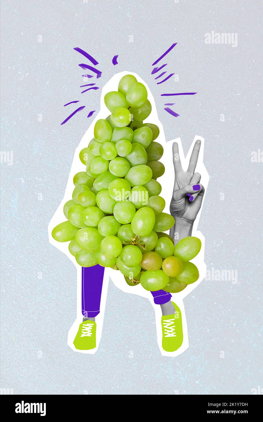 Vertical collage picture of grape human legs arm fingers demonstrate v ...