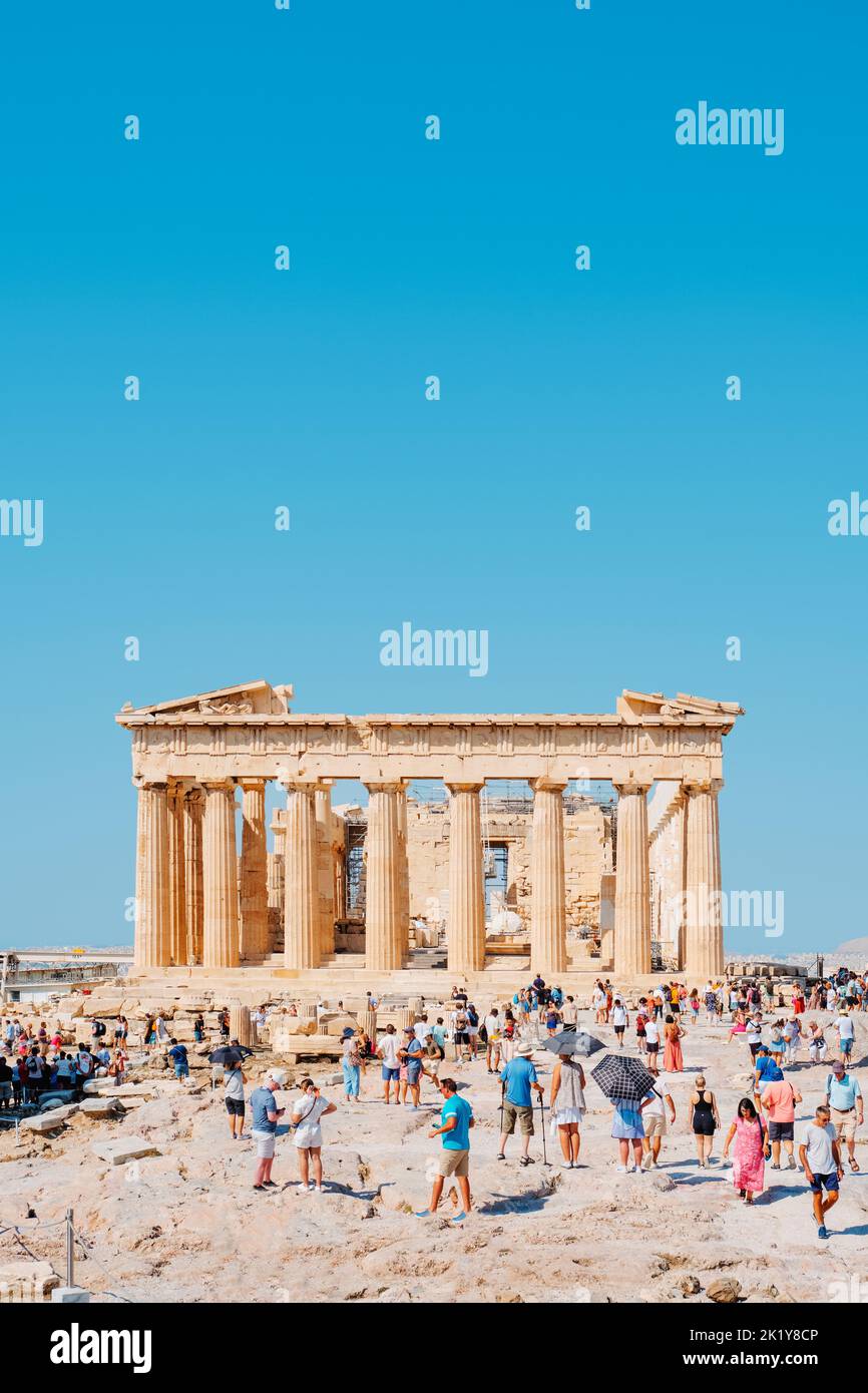 Athens, Greece - August 30, 2022: Many visitors in front of the remains of the famous Parthenon ...