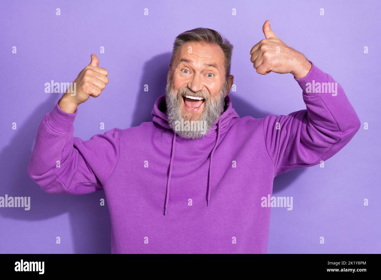 Photo of old pensioner aged bearded grandfather showing thumbs up like ...