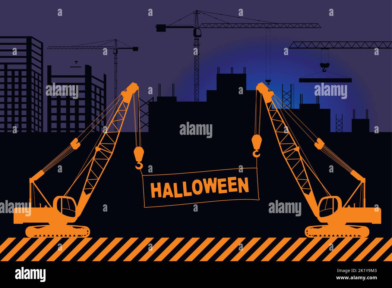 Halloween card. Construction cranes hold a banner with congratulations ...