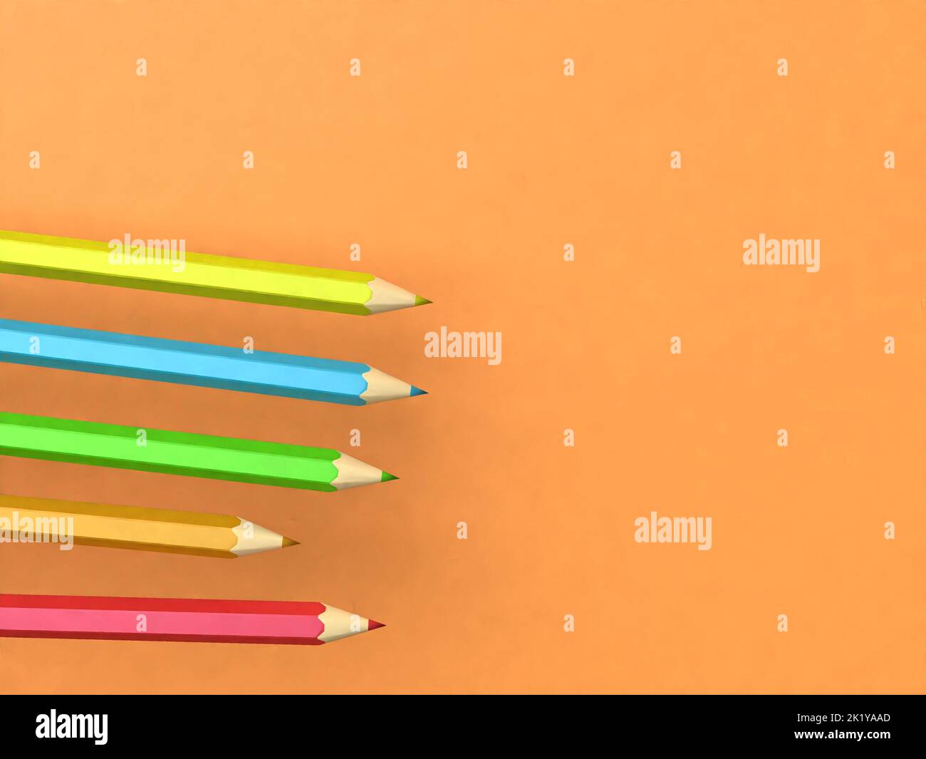 3d rendering four color pencils on a orange background, back ro school ...