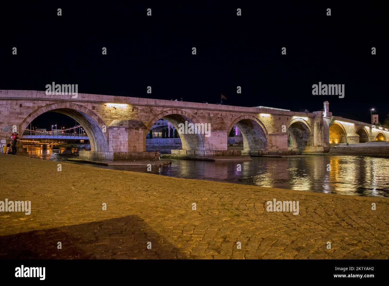 The Stone Bridge crossing the Vardar River in the city of Skopje, North ...