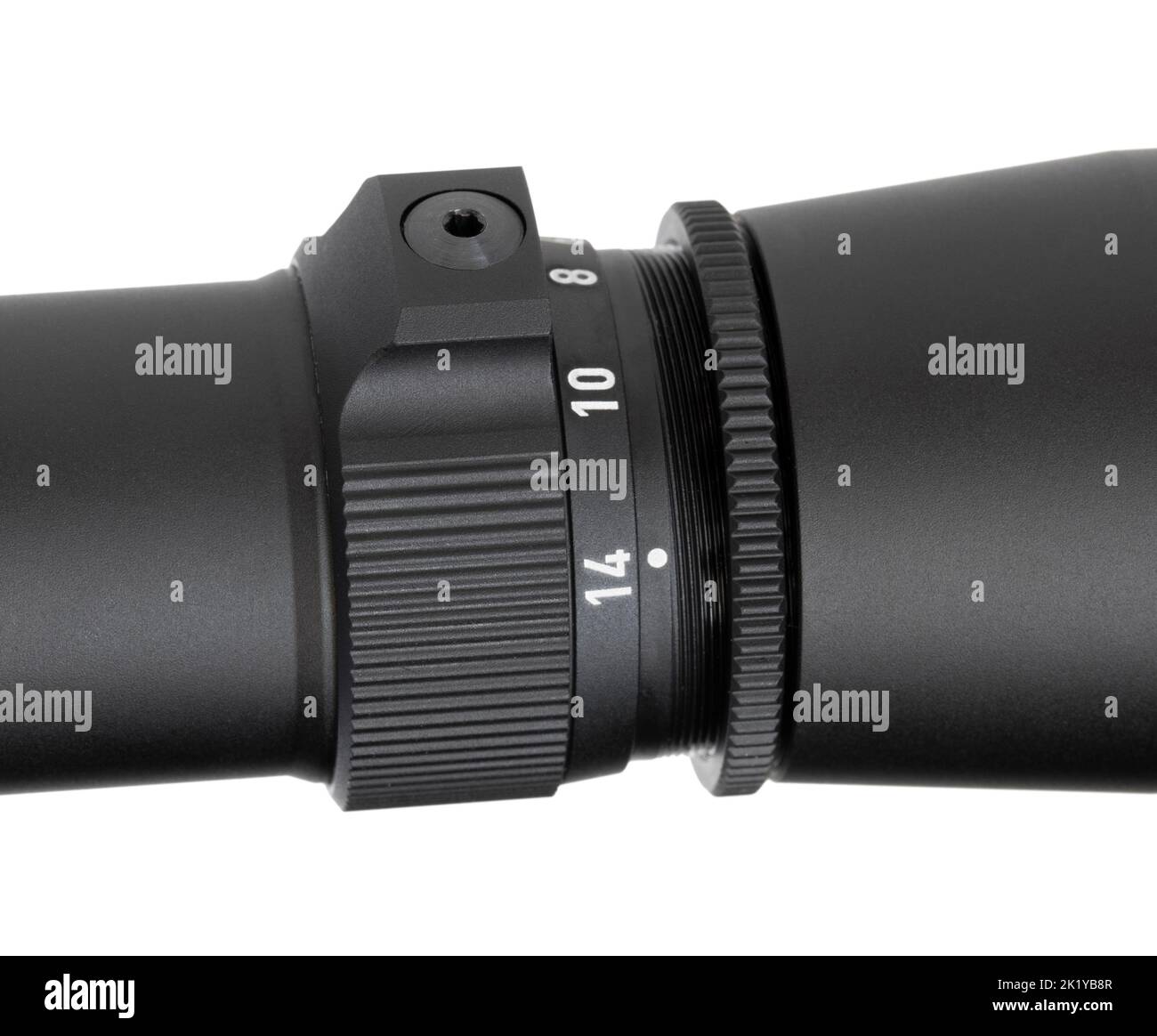 Magnification ring o a riflescope dialed up to 14 isolated on white ...