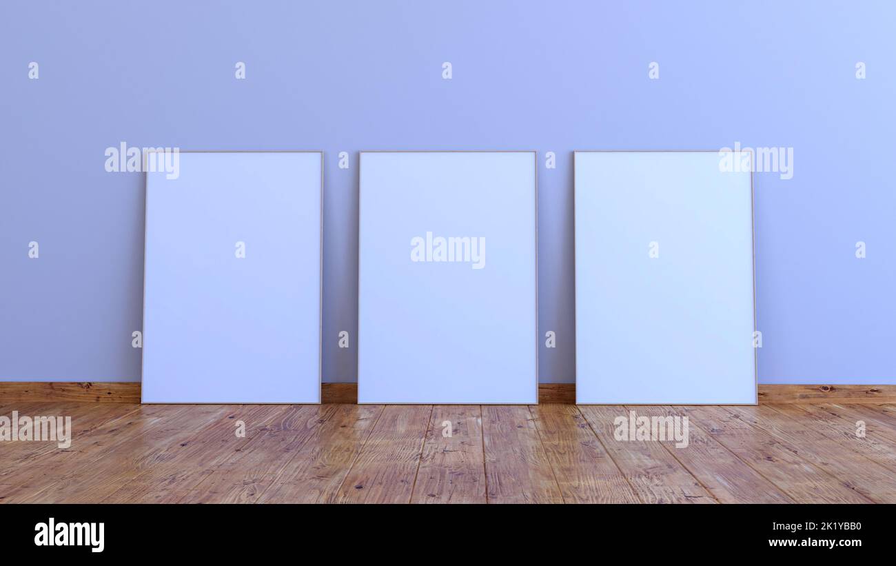 3 vertical frame mockup on a white gray wall with wooden floor 3d ...