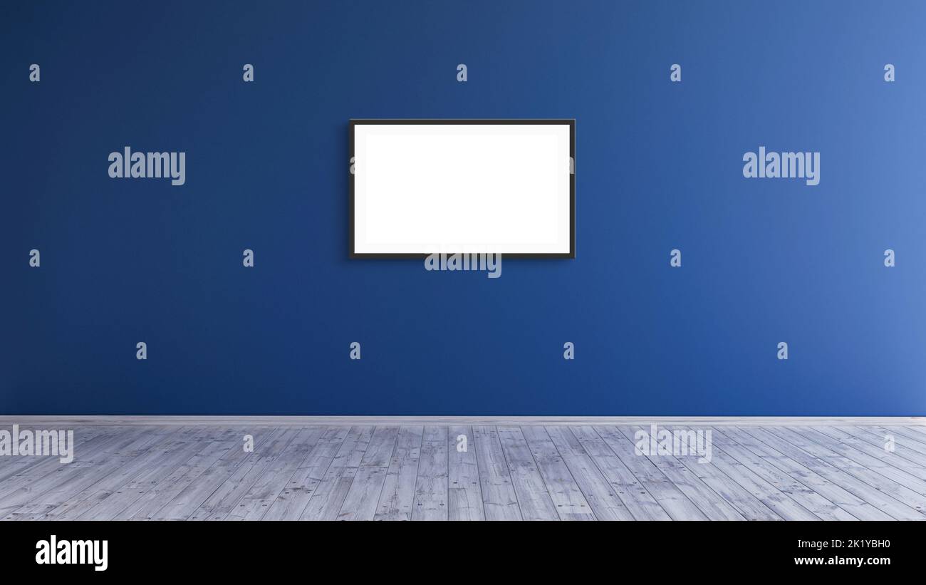 Empty horizontal black frame mock up design on a blue wall room for ...