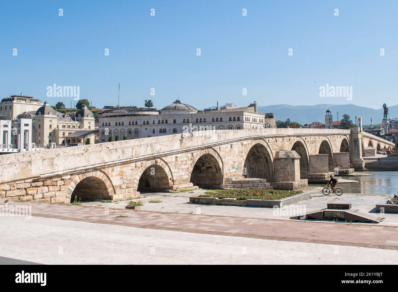 The Stone Bridge crossing the Vardar River in the city of Skopje, North ...