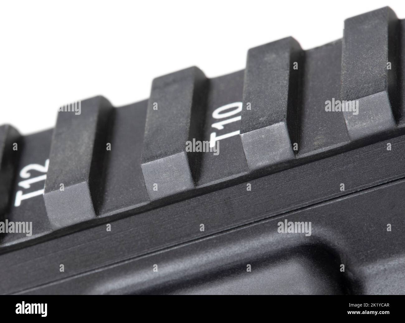 Rails on an assault rifle used for mounting a scope isolated on white ...