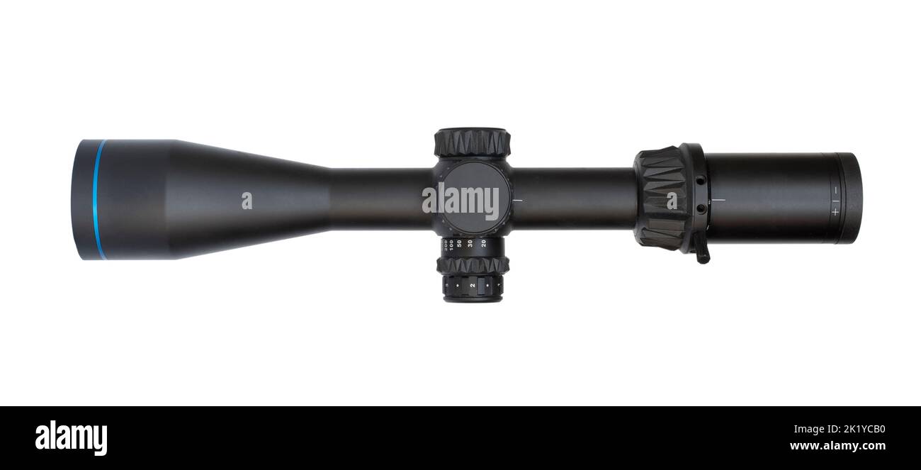Very high power rifle scope seen from above and isolated on a white ...