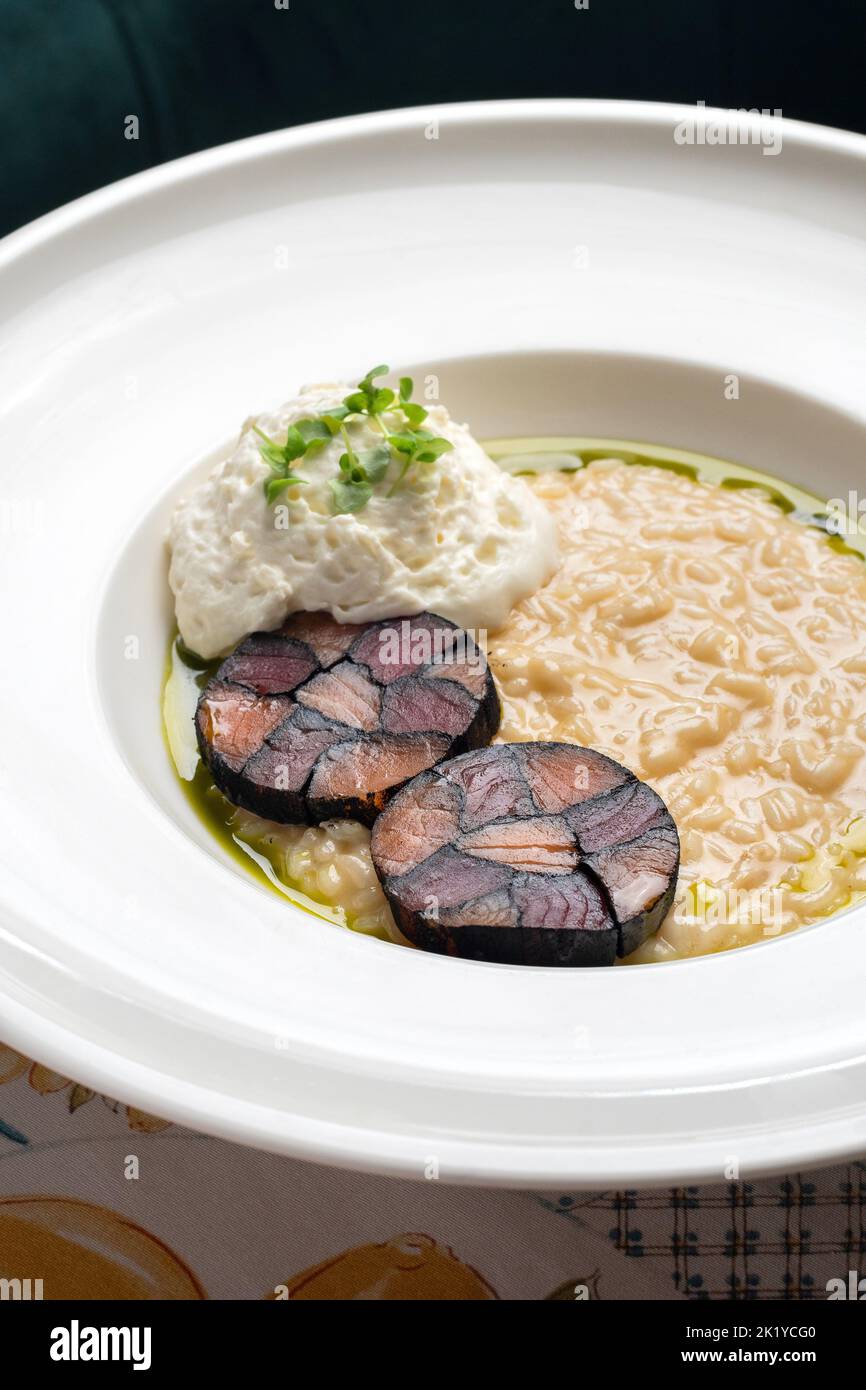 risotto fish salmon, Main course rice with seafood, menu concept. food ...