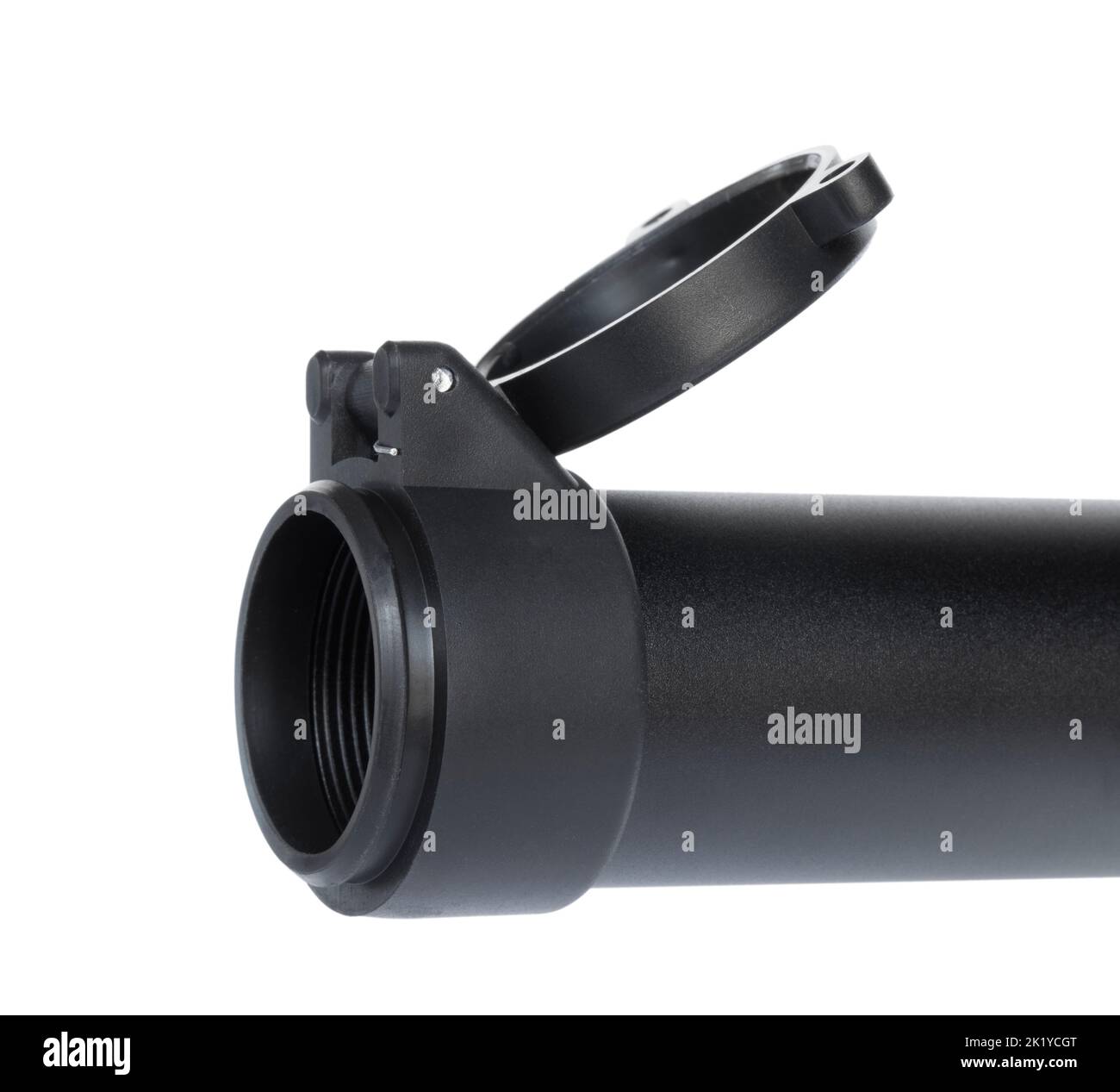 Objective lens cover open on a rifle scope isolated on a white ...