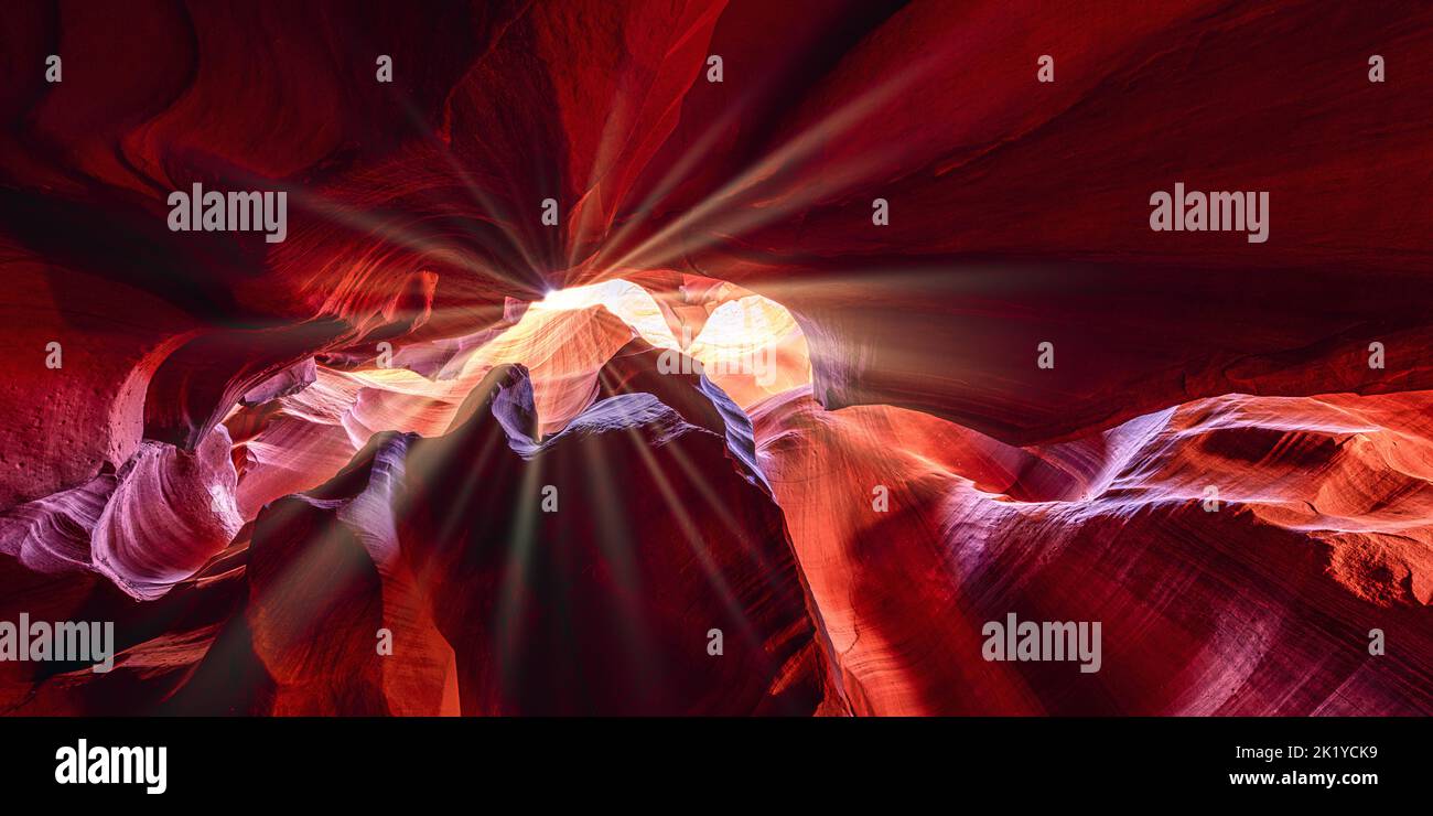 Sunbeams inside red sandstone caves in Antelope Canyon Stock Photo - Alamy