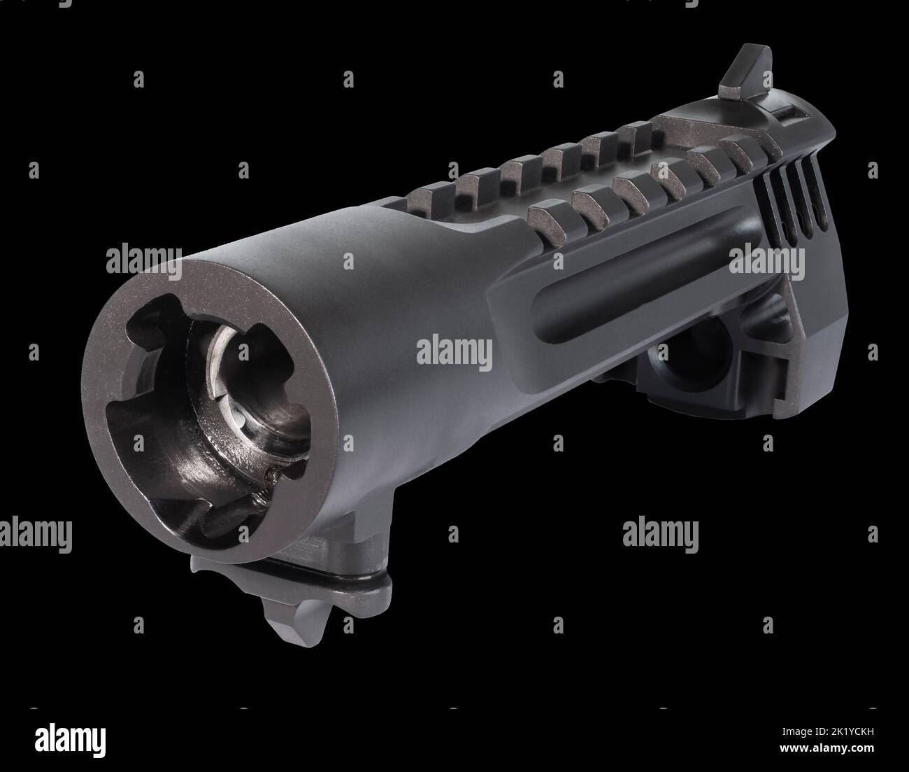Semi automatic handgun barrel and slide looking from the chamber side ...
