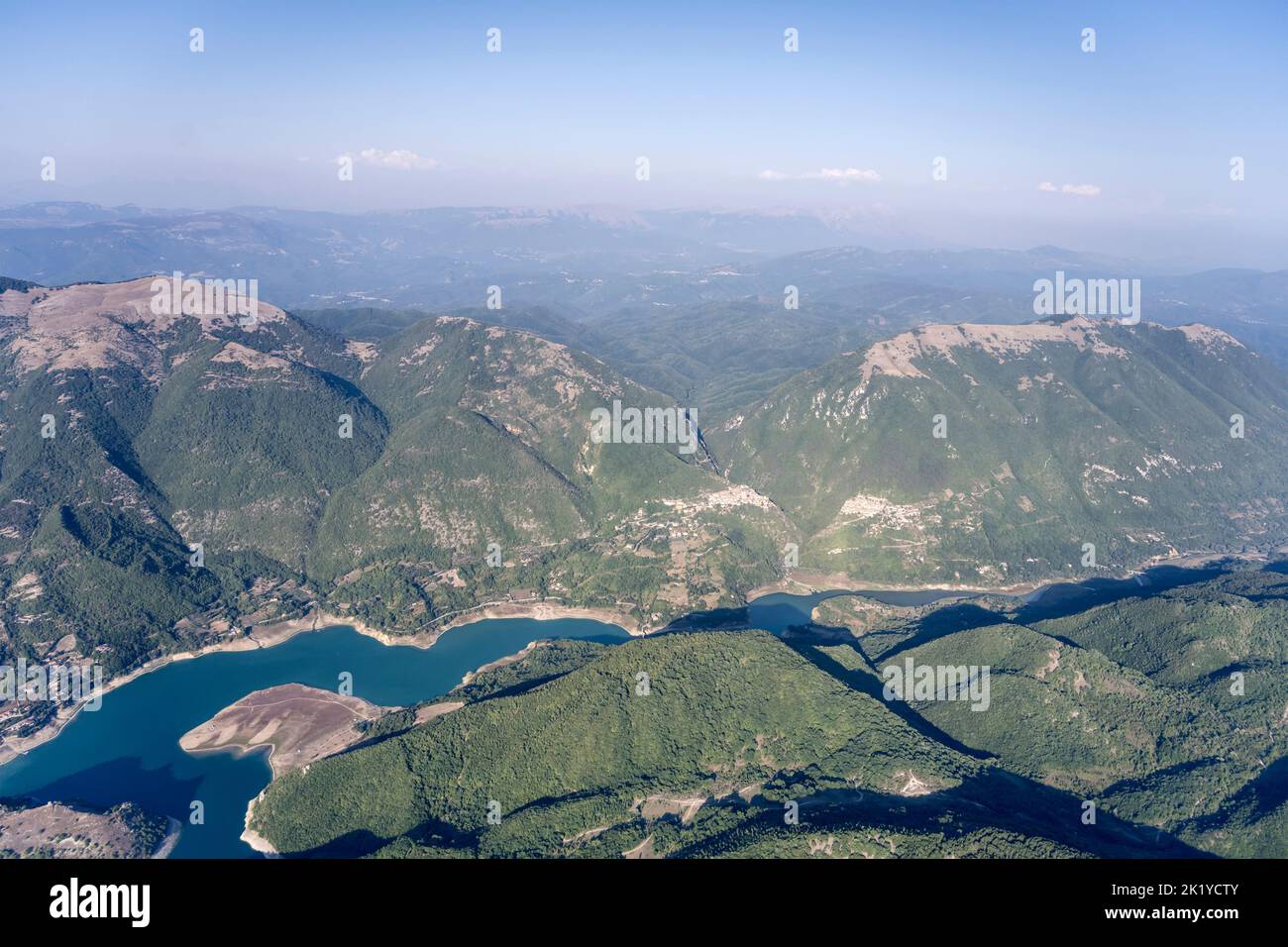 aerial shot, from a small plane, of Turano lake with Ascrea and ...