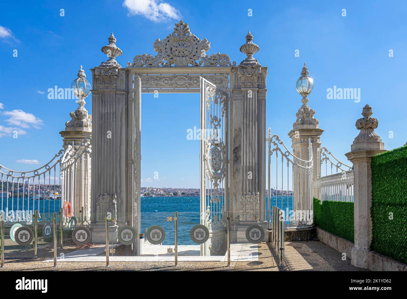 Dolmabahce Palace gate to the Bosporus. Dolmabahce is the largest ...