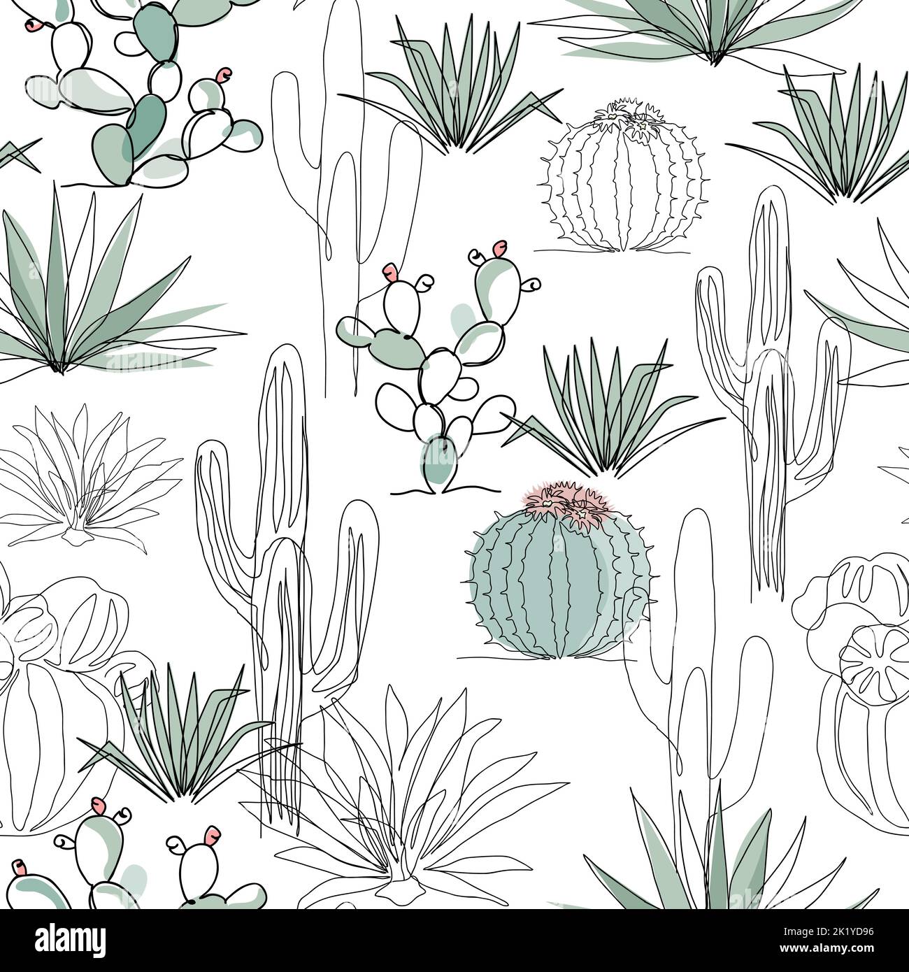 Abstract cactus garden. Continuous line drawing. Seamless pattern Stock ...