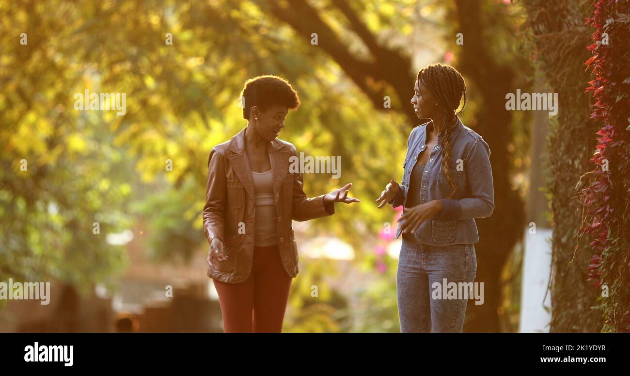 Two women in conversation outside in street with sunlight Stock Photo ...