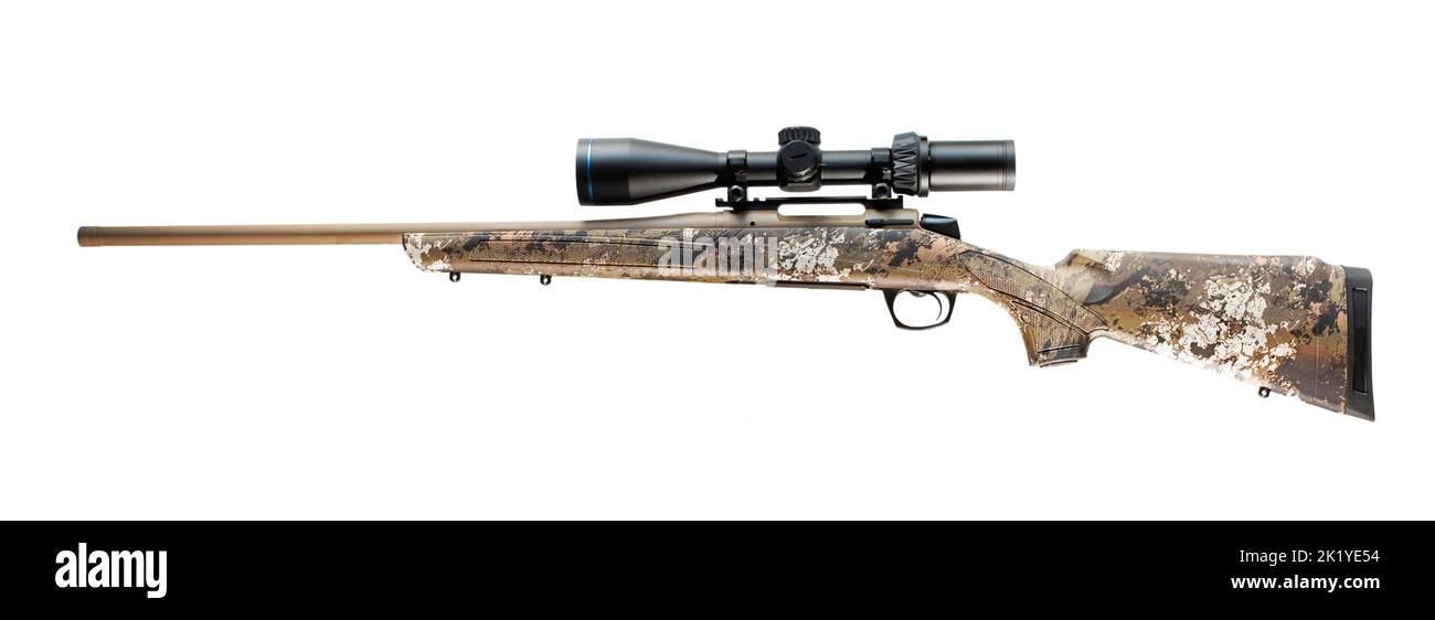 Camouflage high power hunting rifle with a scope isolated on white ...