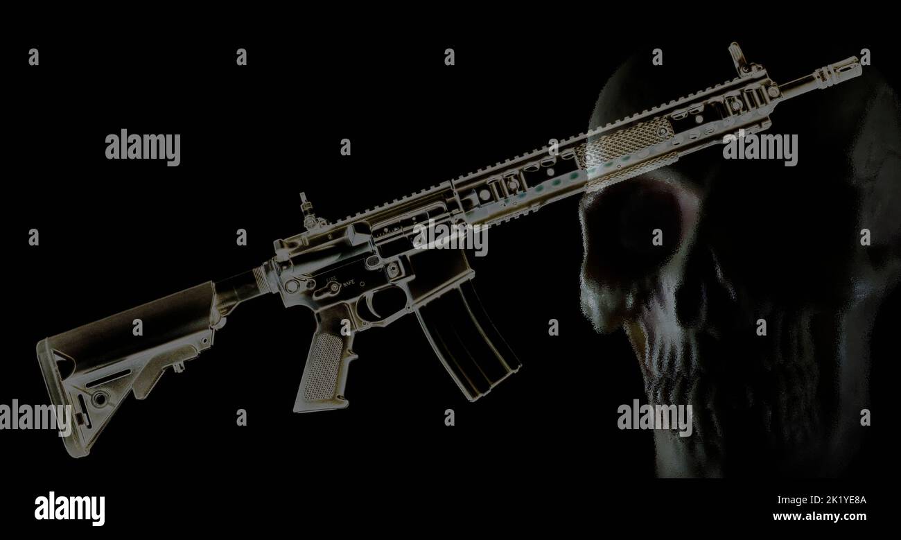 3D illustration of an ghost gun with a human skull behind on a black ...