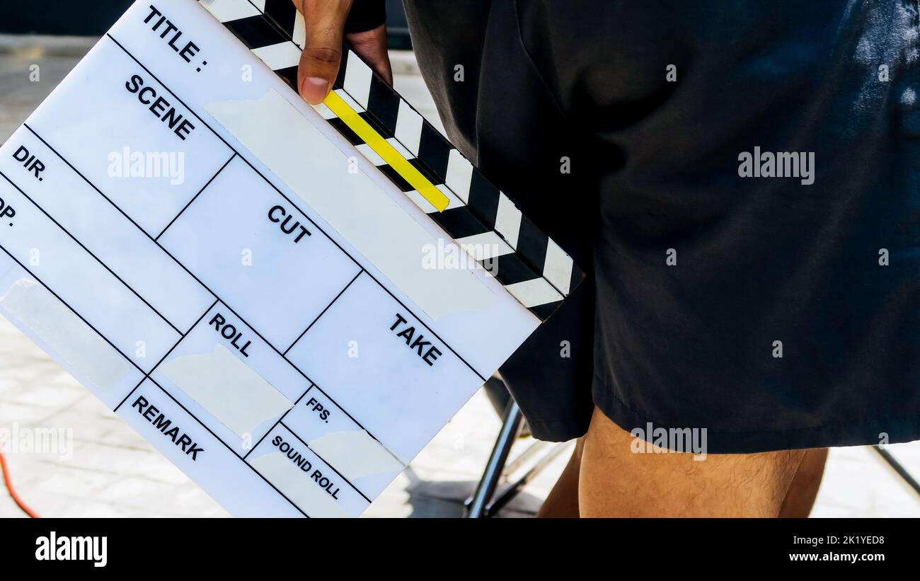 film slate and film crew production set Stock Photo - Alamy
