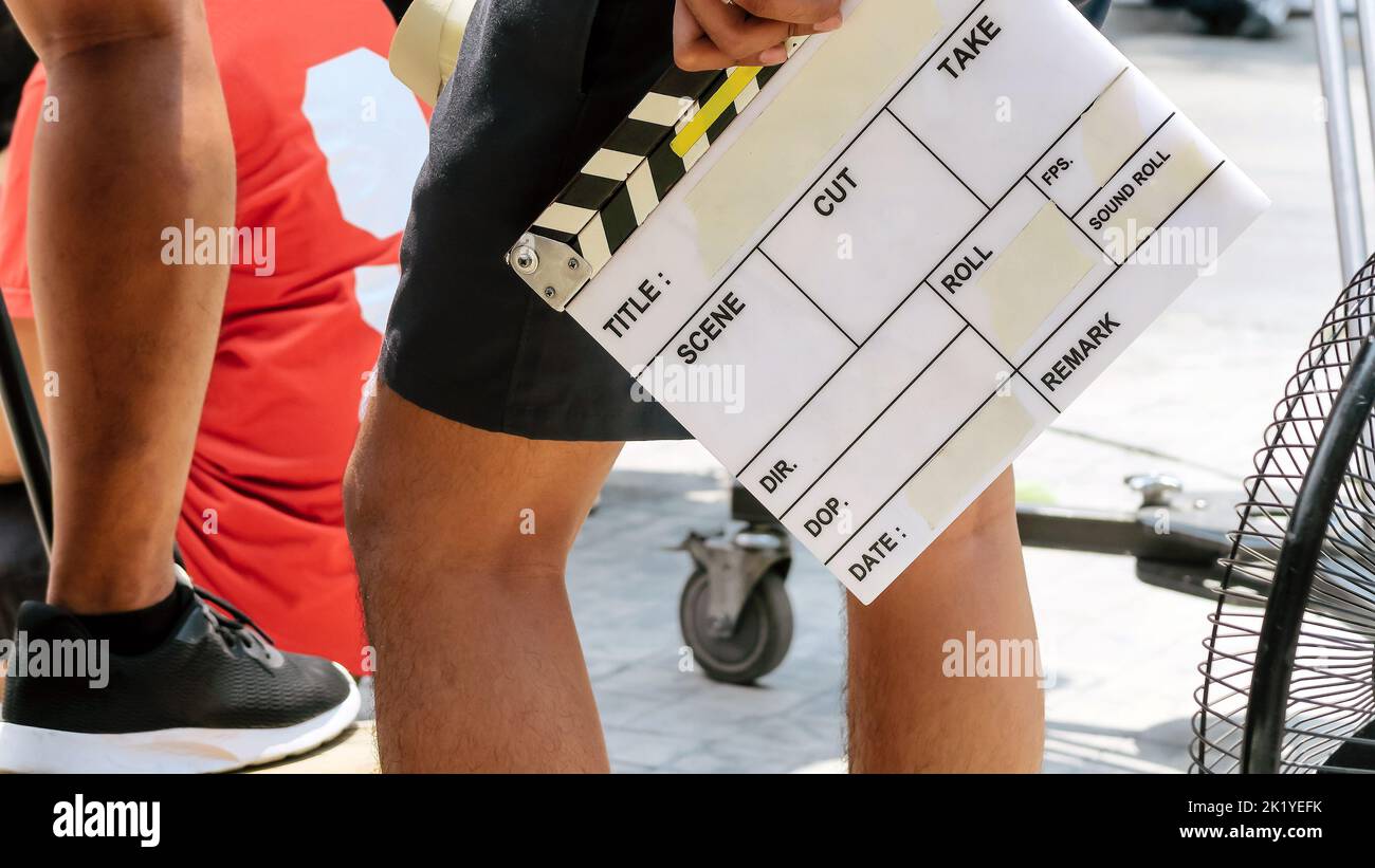 film slate and film crew production set Stock Photo - Alamy