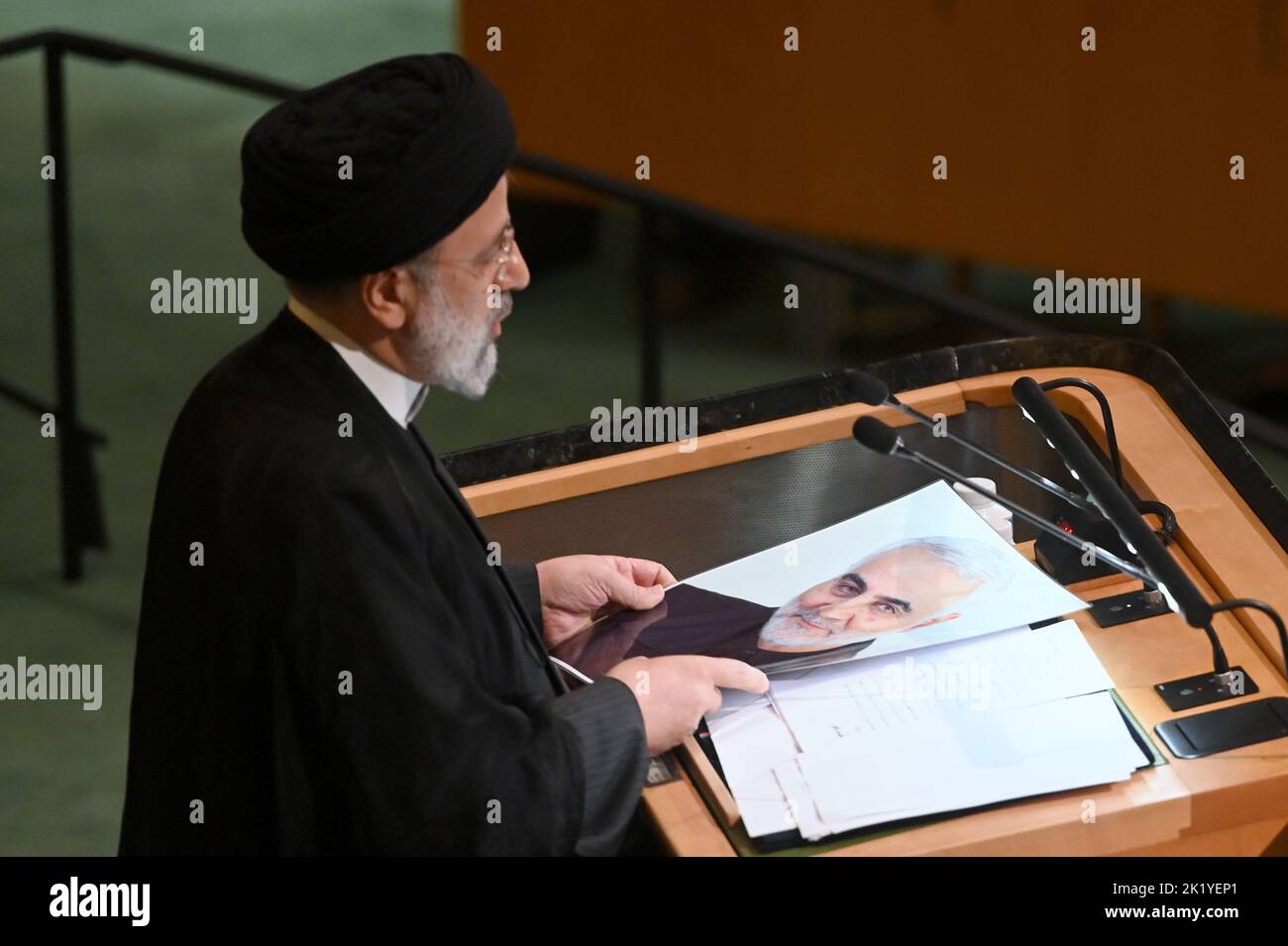 New York, USA. 21st Sep, 2022. A photo of Qassim Suleimani, who led the ...