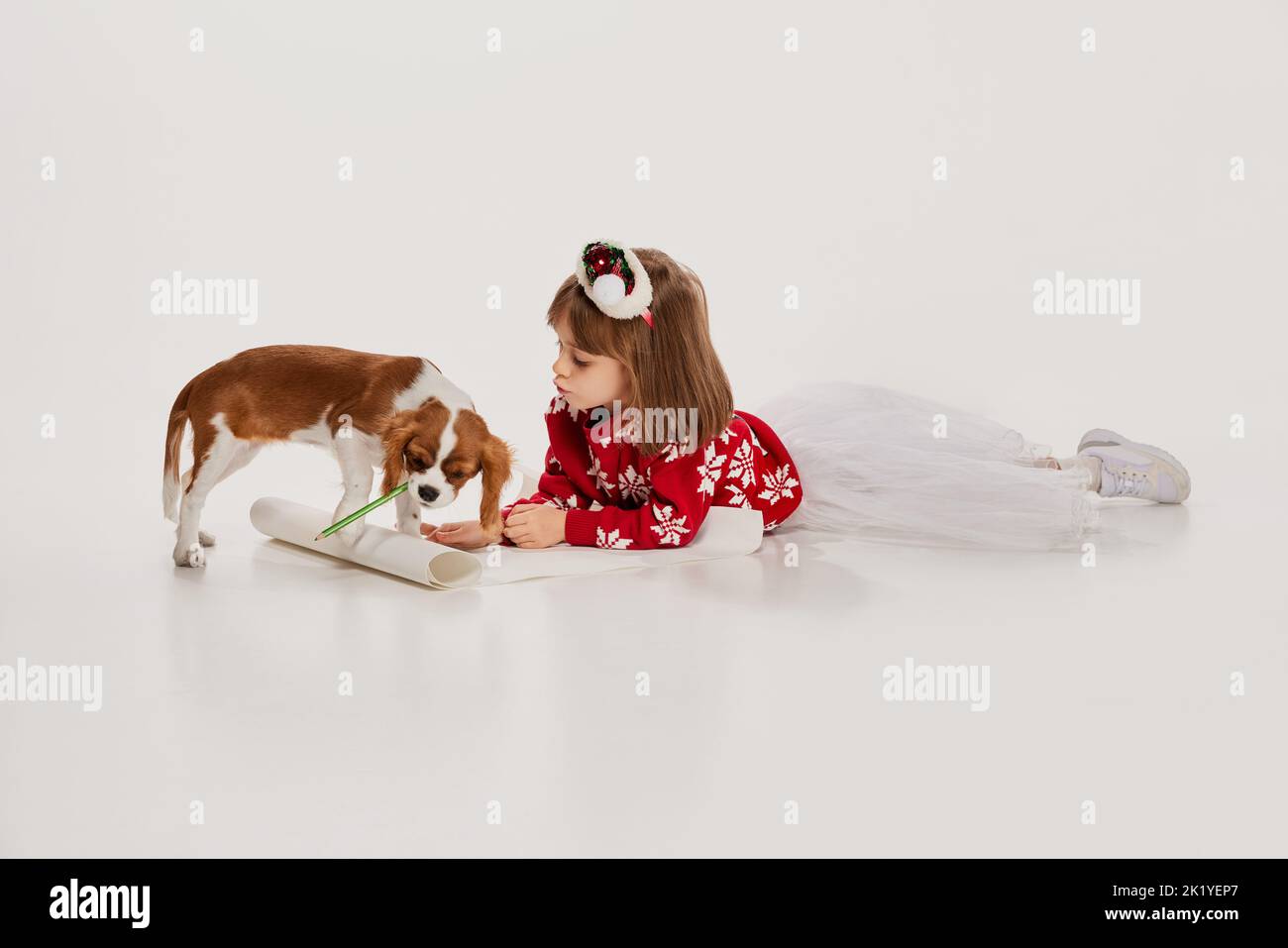 Portrait of beautiful little girl, child posing with dog isolated over ...