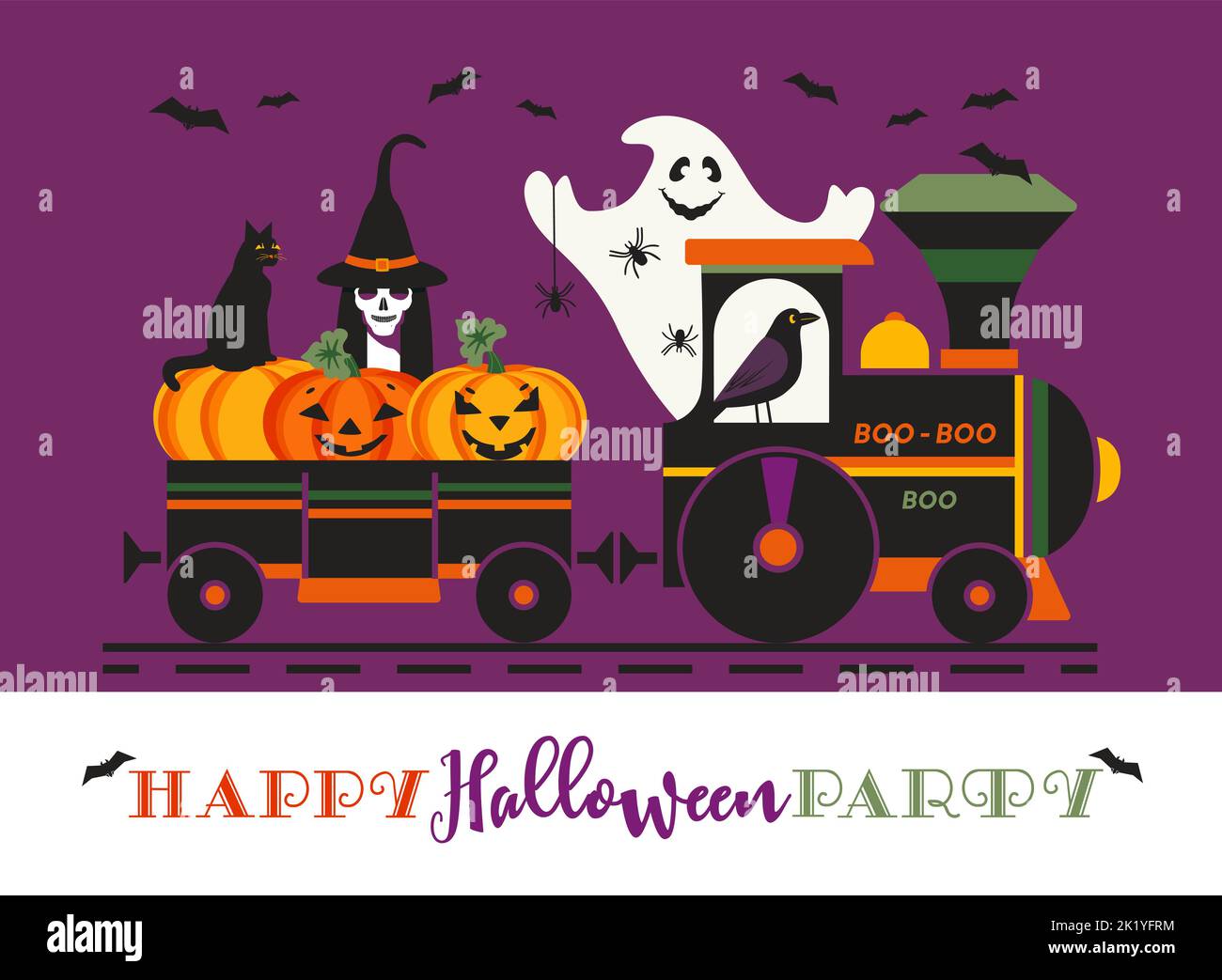 Happy Halloween holiday party funny train vector poster. Cute comic ...