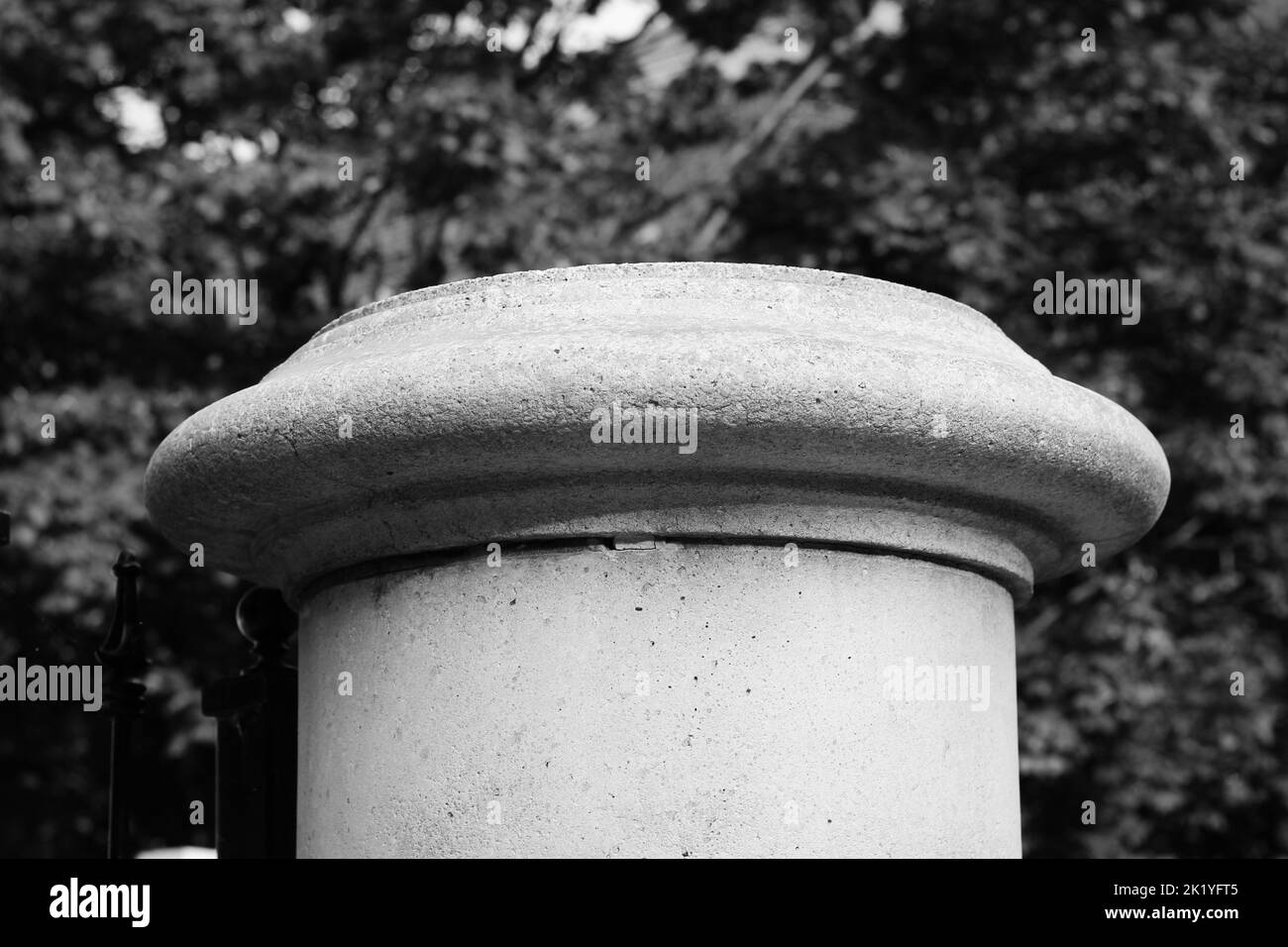 The top of a round column standing in the garden in a black and white ...