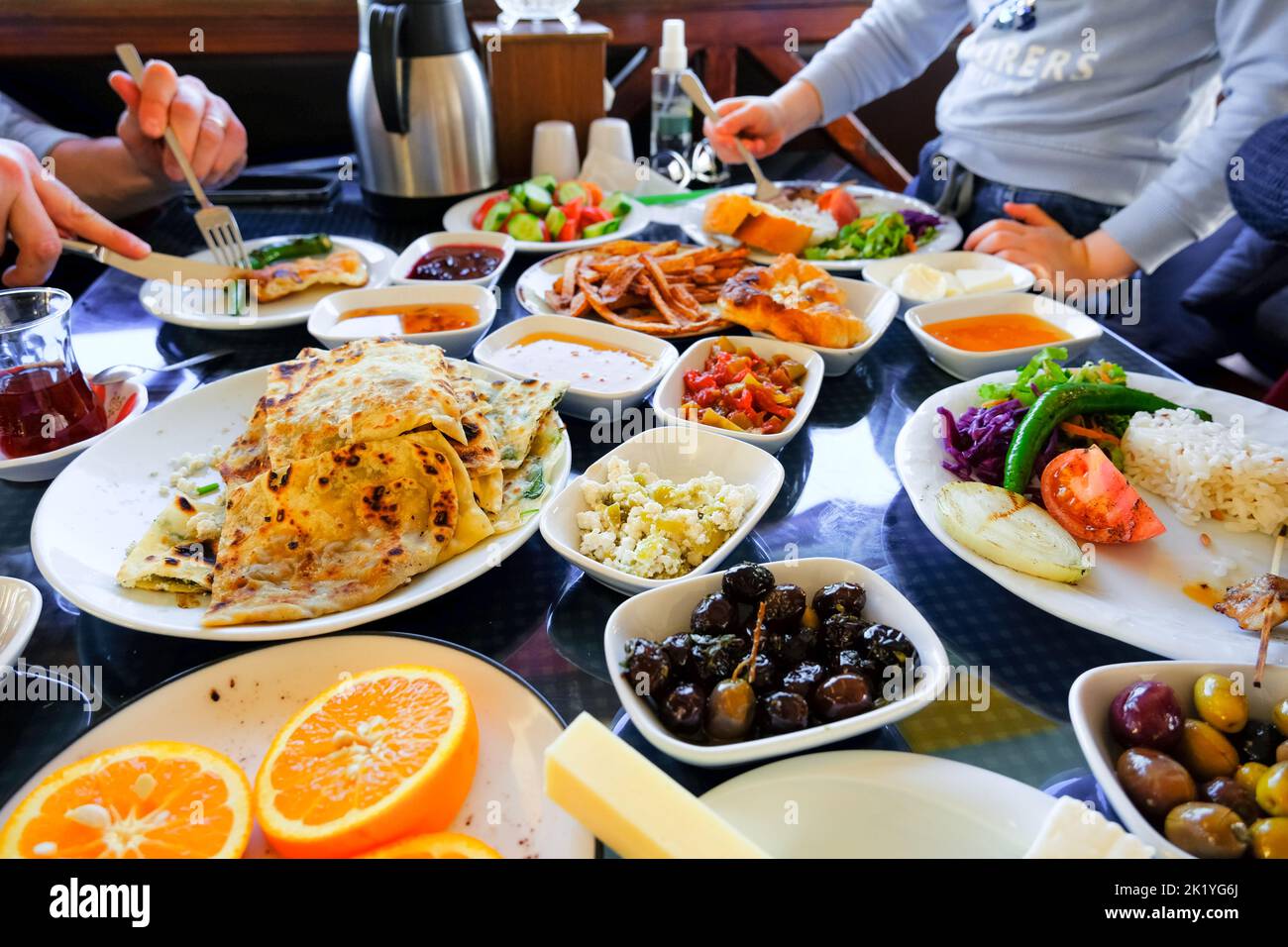 Traditional Turkish breakfast. Plates with various appetizers Stock ...