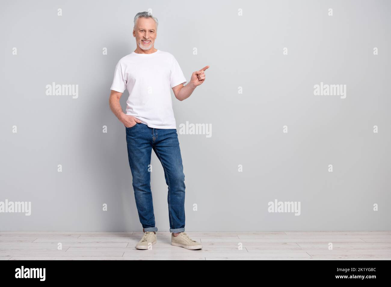 Full length body size view of attractive cheery gray haired man ...