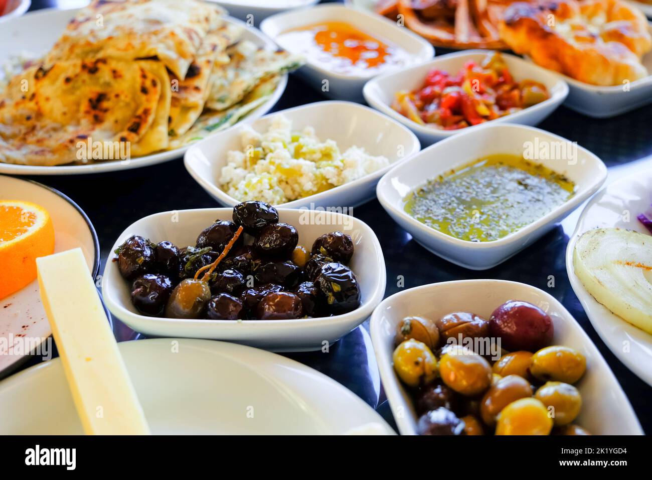 Traditional Turkish breakfast. Plates with various appetizers Stock ...