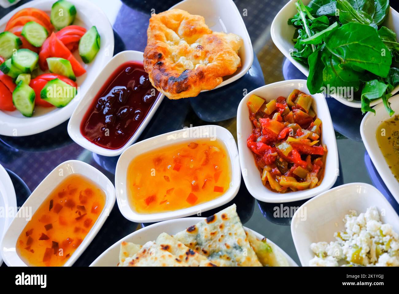 Traditional Turkish breakfast. Plates with various appetizers Stock ...