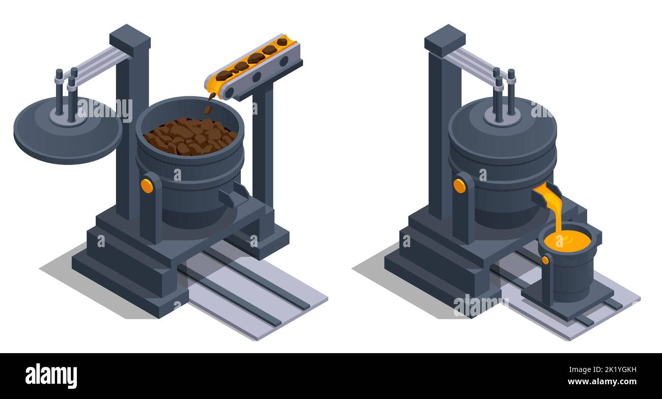 Isometric icons set with Blast furnace slag and pig iron tapping. Iron ...