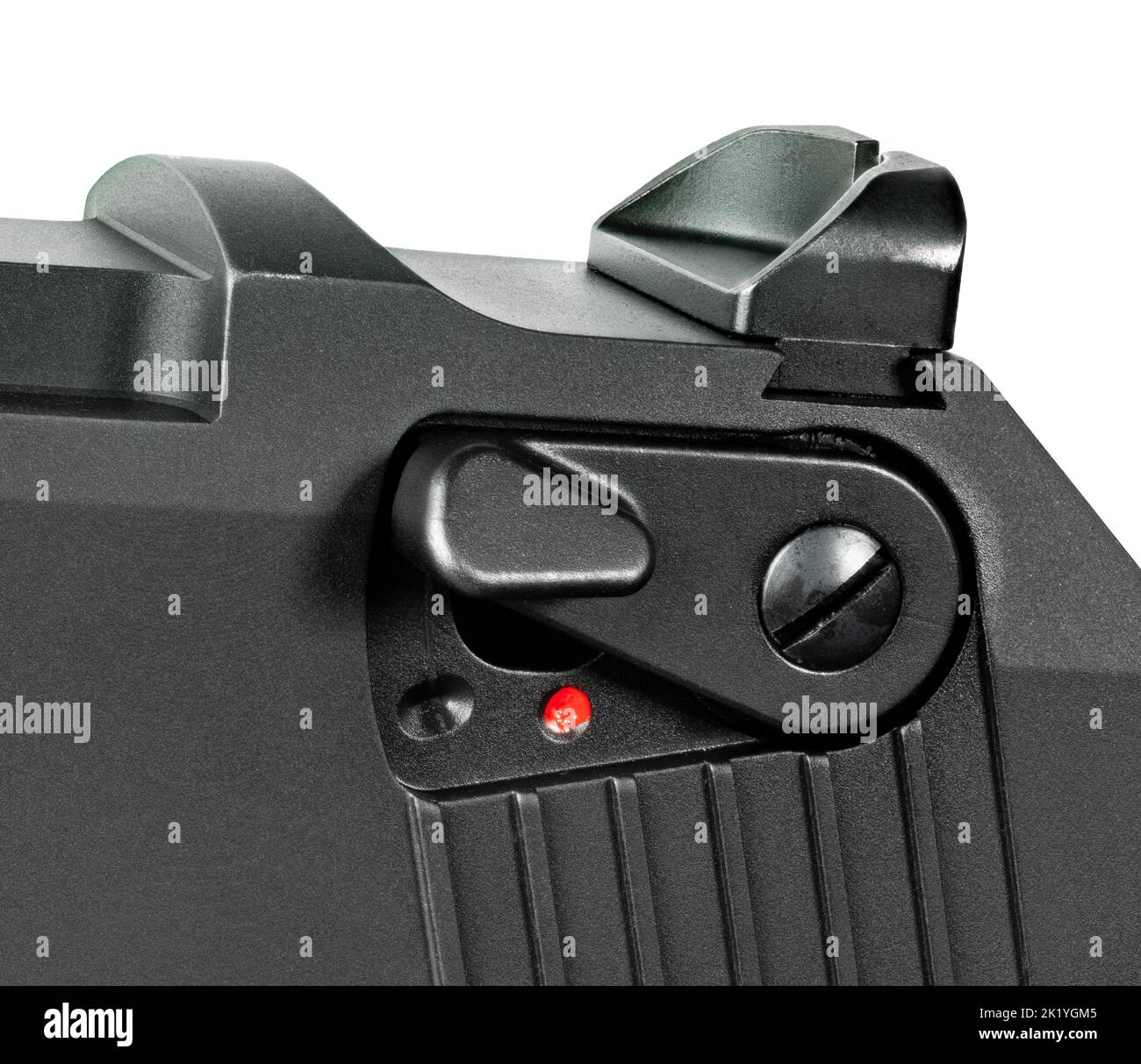 Semi auto handgun wih its safety off isolated on a white background ...