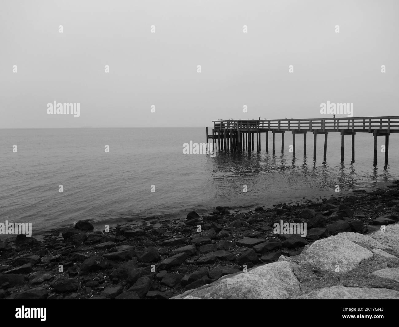 The grayscale view of stones by the sea and an empty wooden dock Stock ...