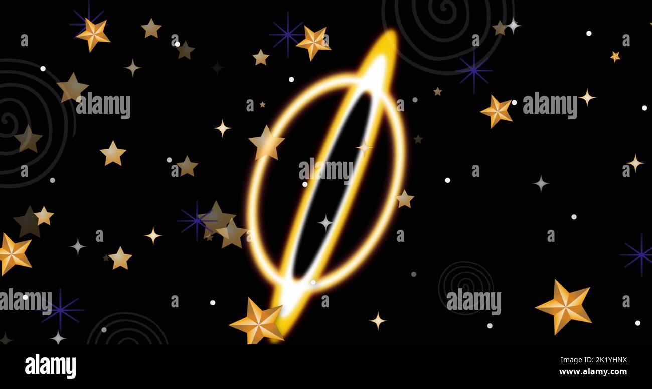 Images of moving yellow glowing shapes and stars over black background ...