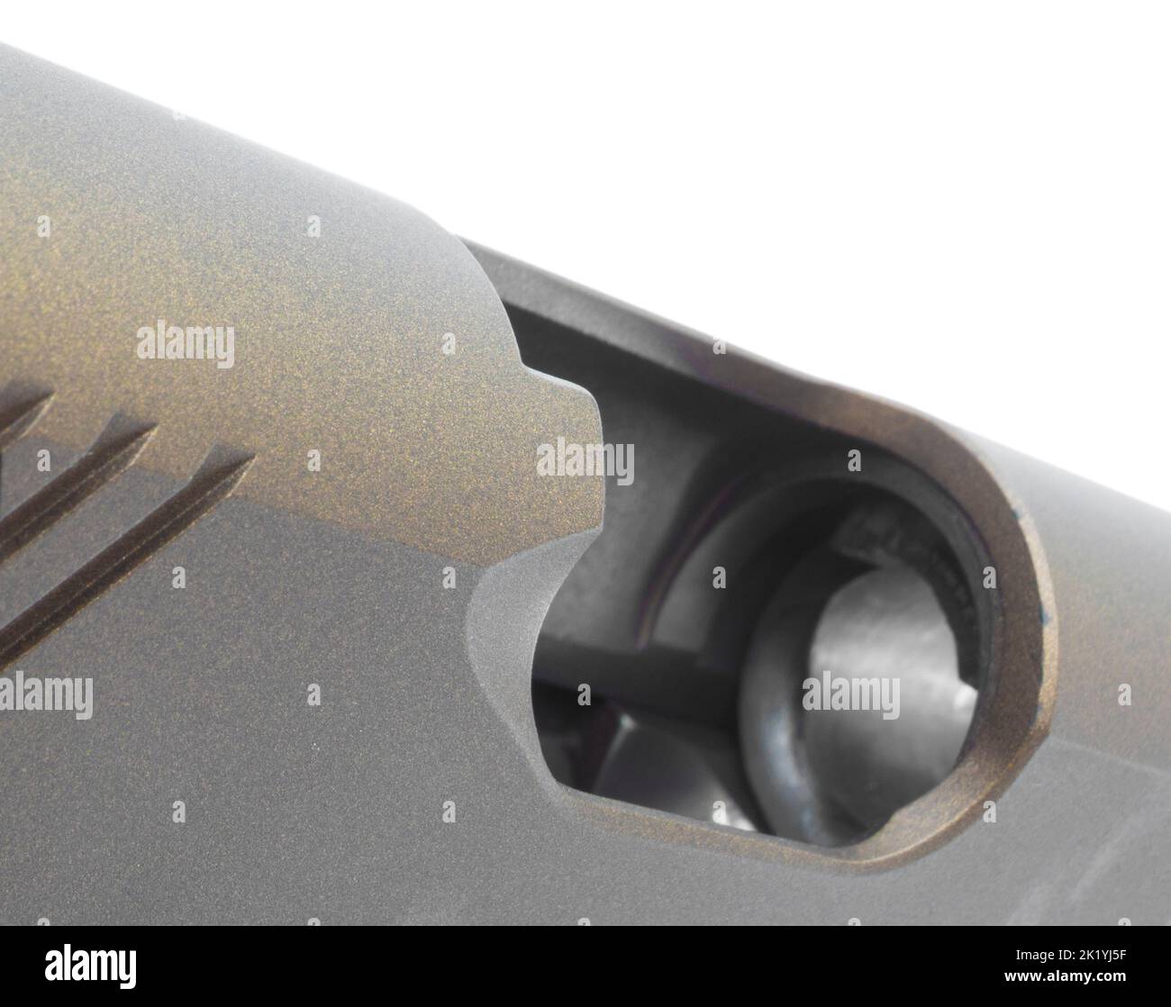 Chamber that is empty on a semi-automatic pistol isolated on a white ...